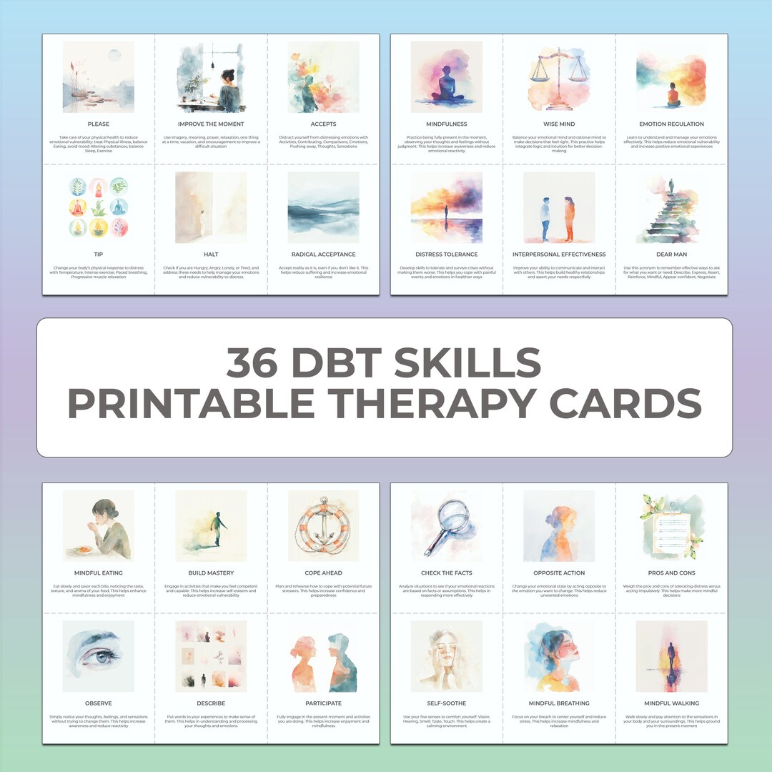 DBT Skills Therapy Cards, Dialectical Behavioral Therapy Cards, DBT Worksheet, Printable Therapy ...