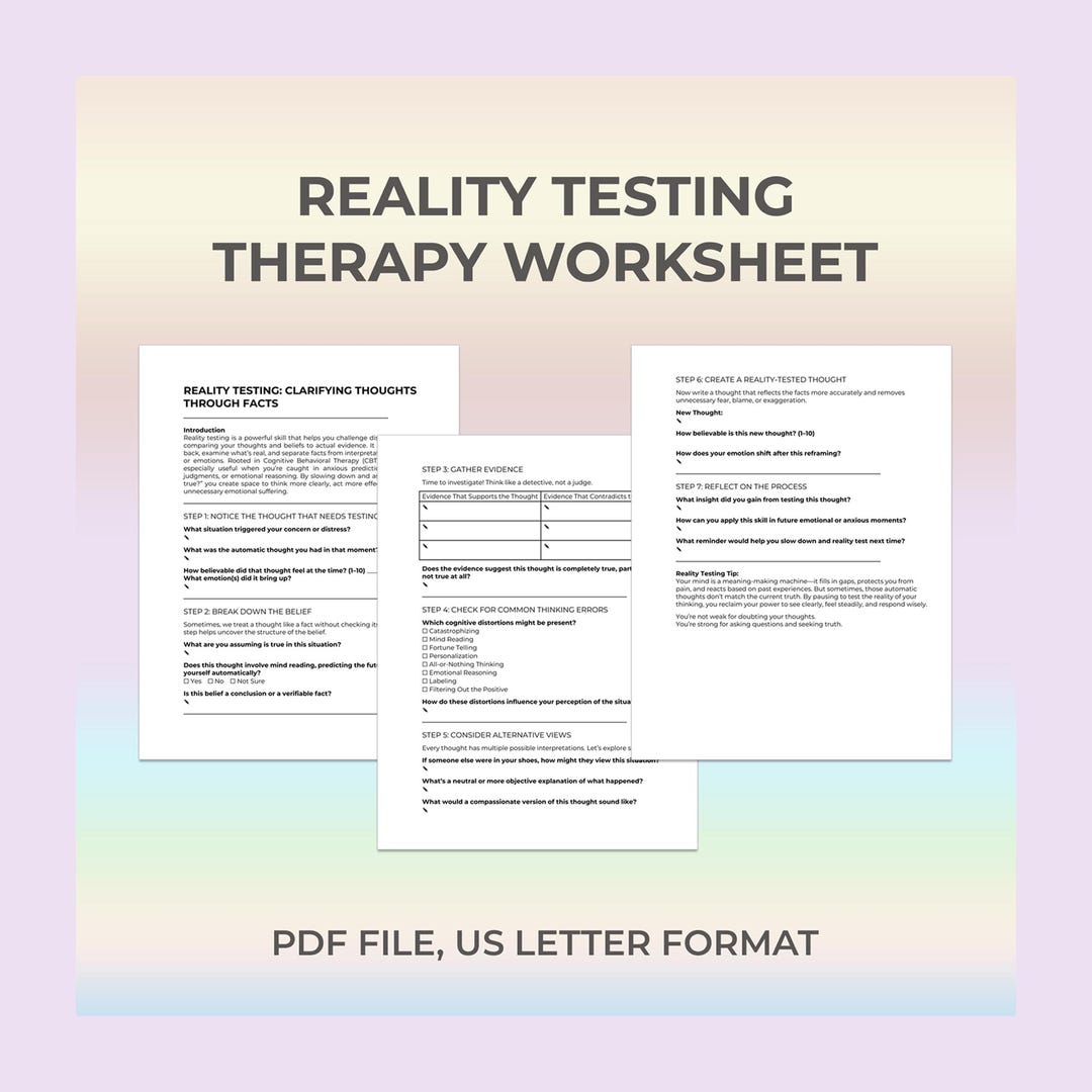Reality Testing Therapy Worksheet, CBT, Thought Check, Challenge ...