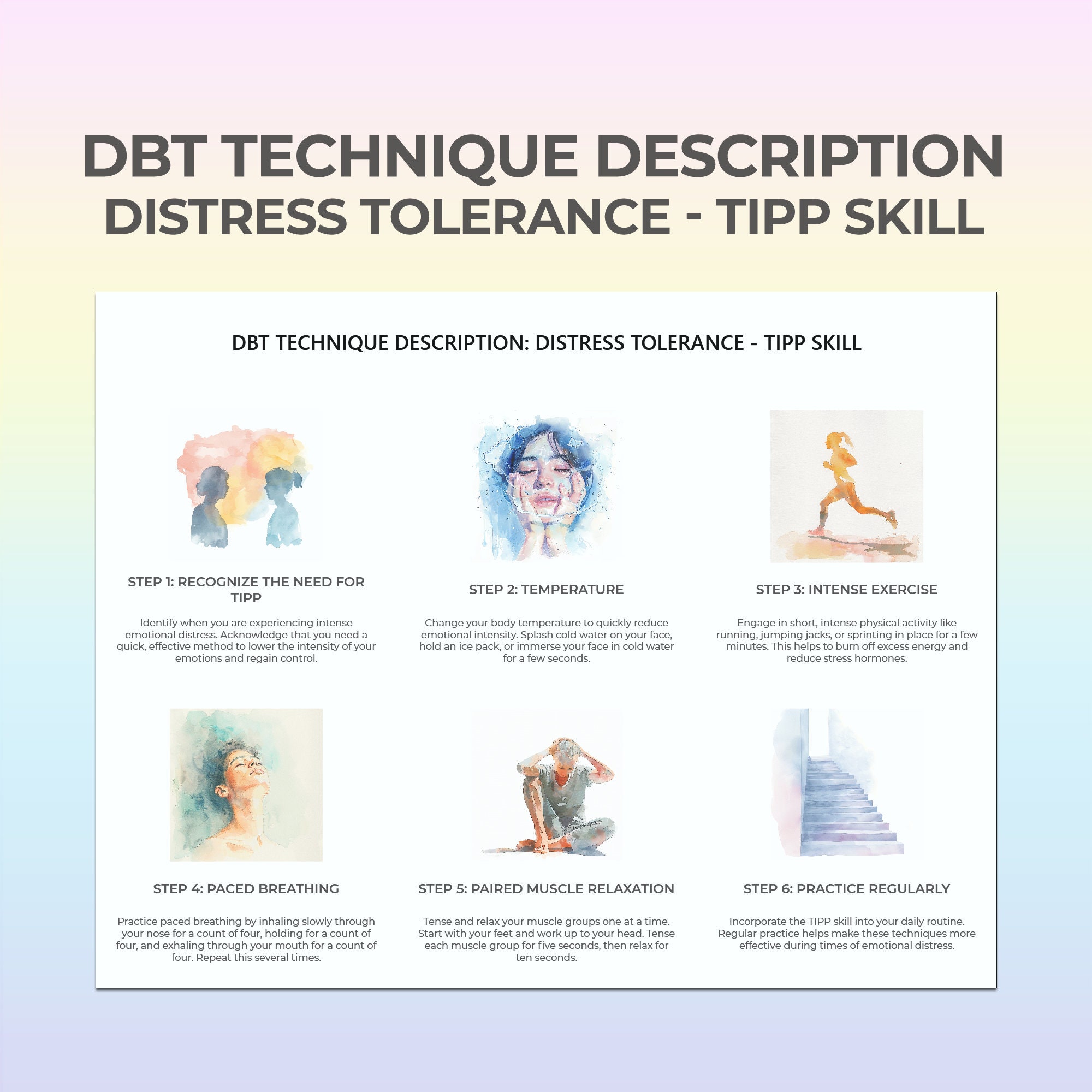TIPP Skill Worksheet, Dialectical Behavior Therapy, DBT Skill Technique, DBT Worksheet, Therapy ...
