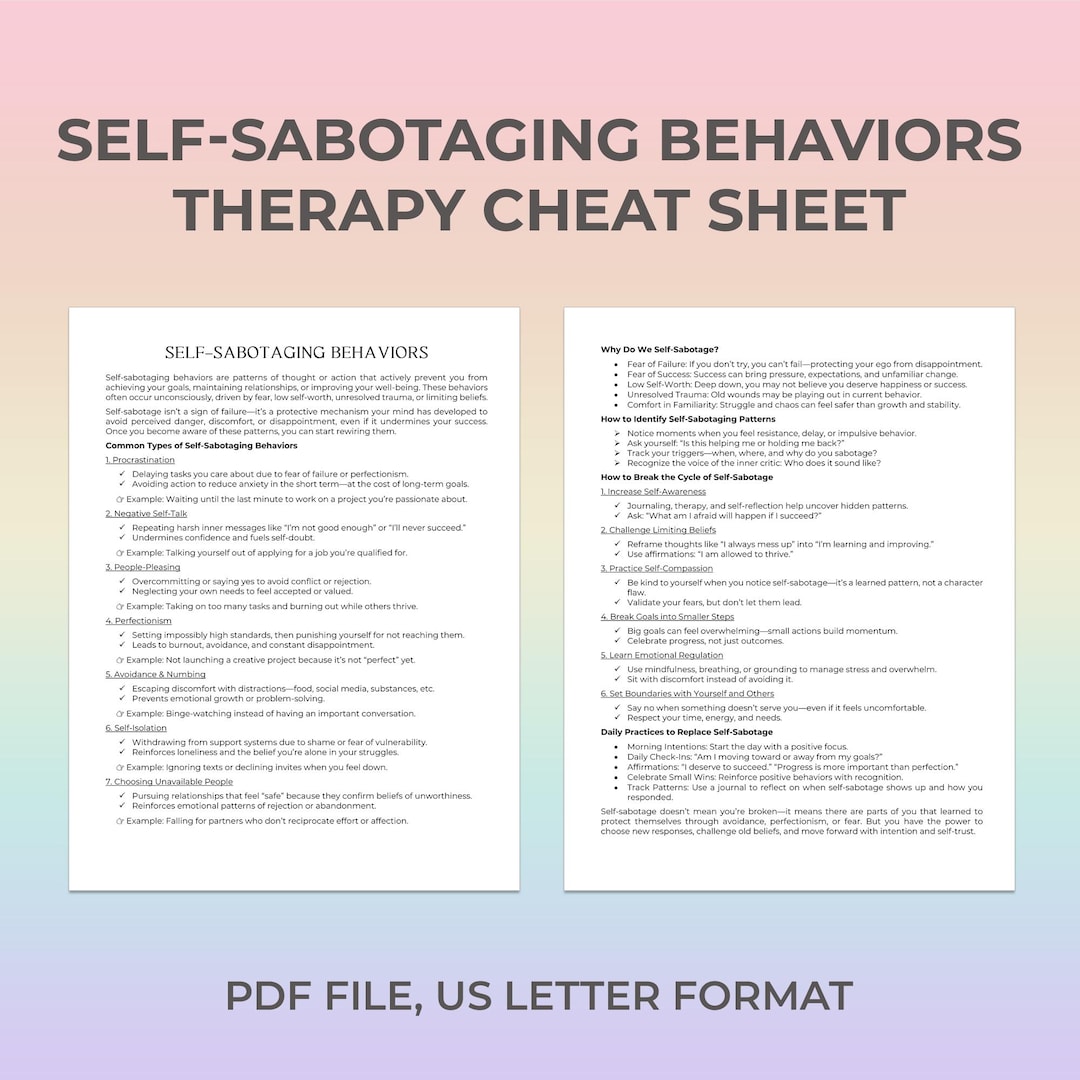 Self Sabotage Behaviors, Self Sabotage Therapy, Self Sabotage Worksheet ...