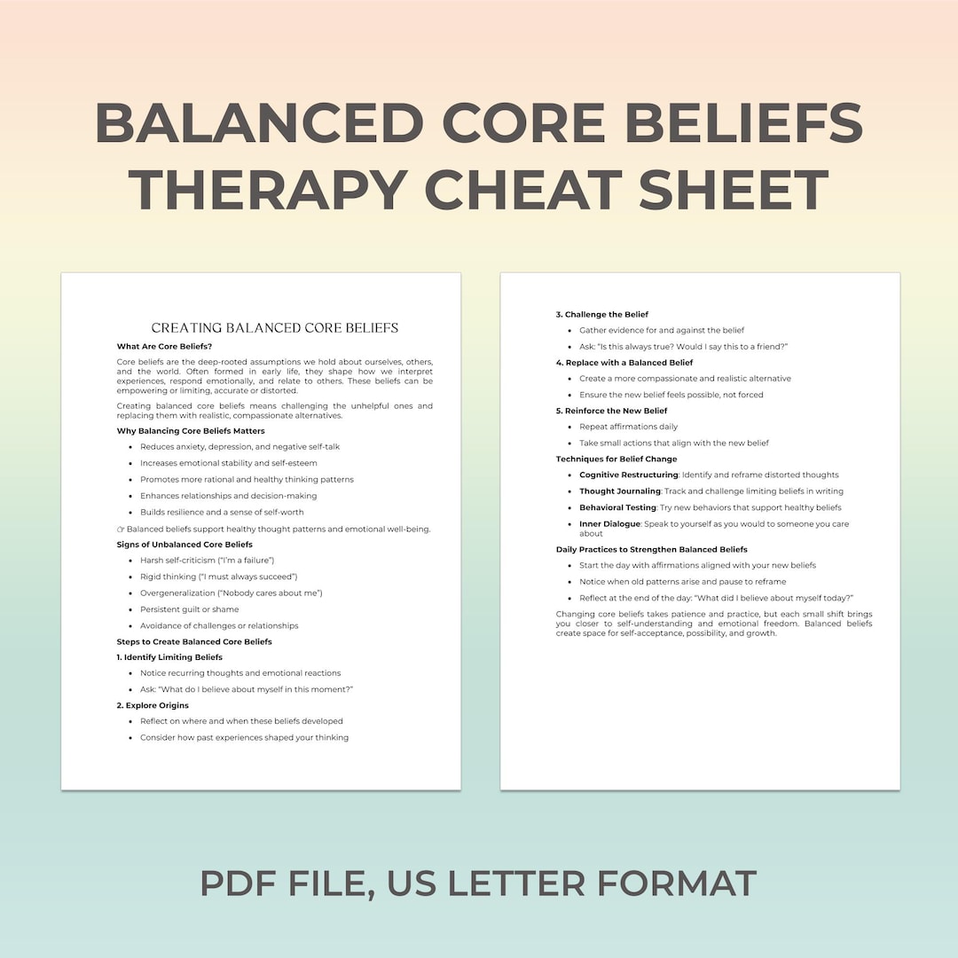 Core Beliefs Cheat Sheet, Belief Reframe, Therapy Printable, Inner ...