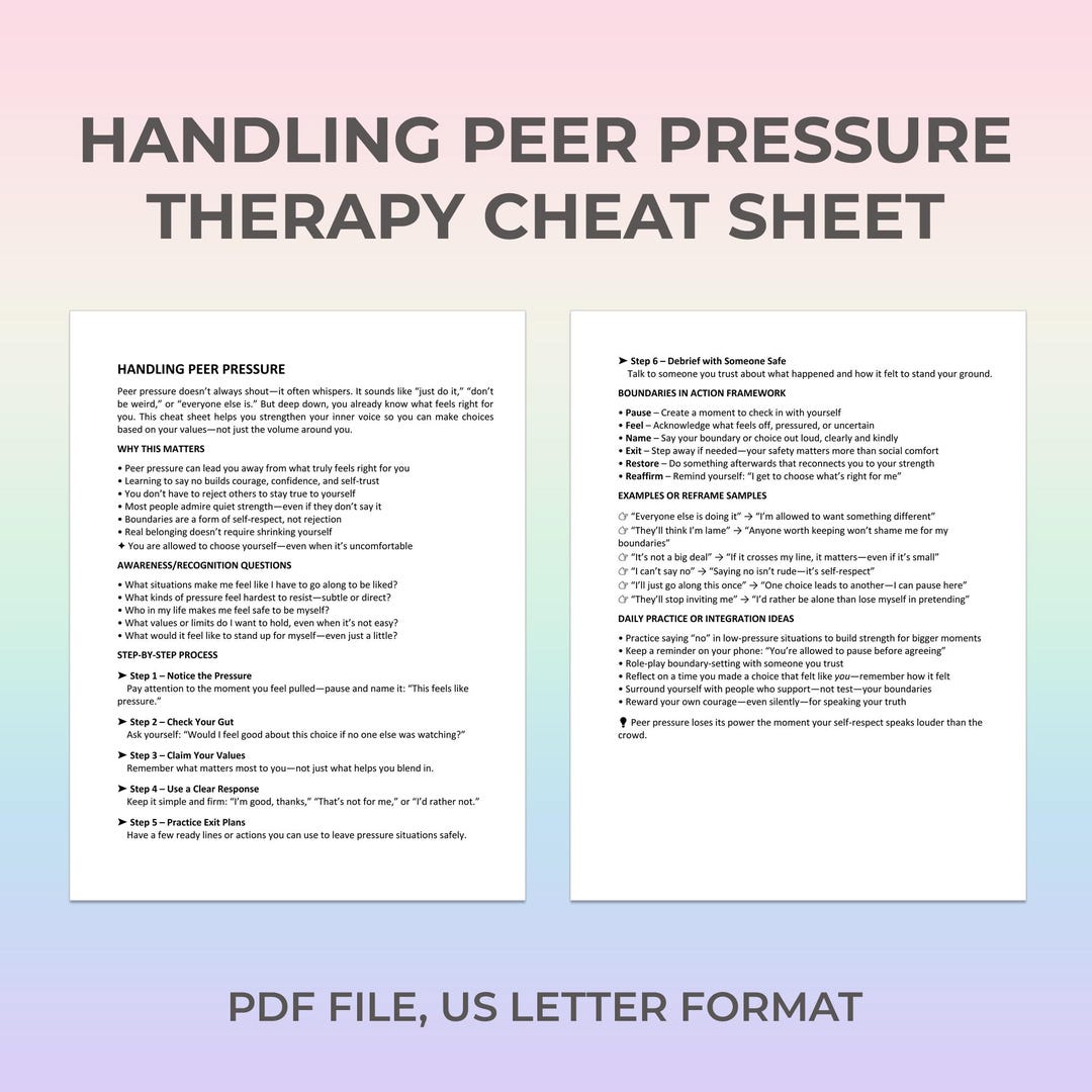 Peer Pressure Therapy Cheat Sheet for Teen Boundaries Courage ...