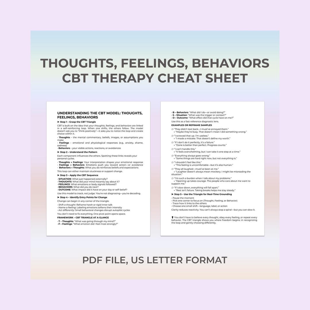 CBT Triangle Model Cheat Sheet Guide Thoughts Feelings Behaviors ...