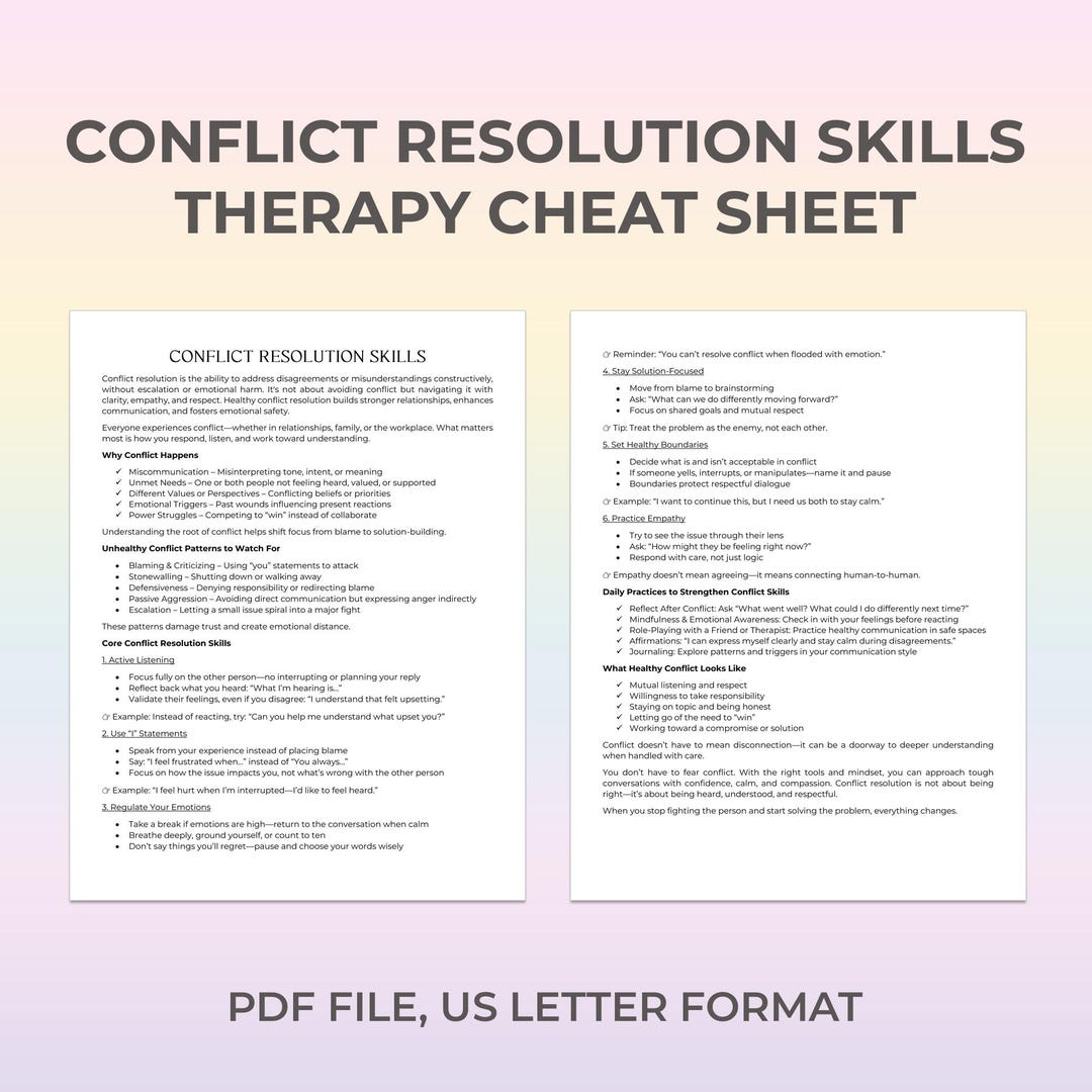 Conflict Resolution Therapy Cheat Sheet, Communication Tips, Handle Conflicts, Emotional Control ...
