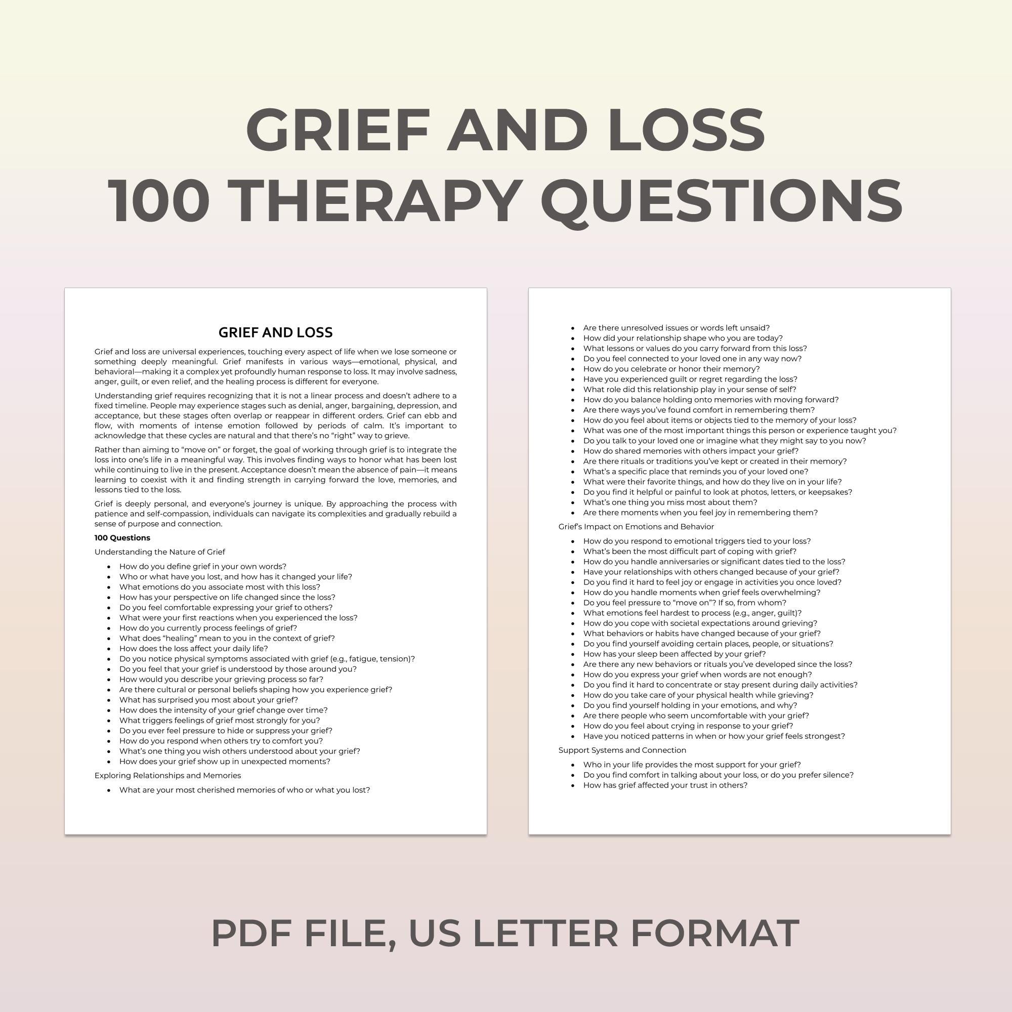 Therapy Questions for Grief Recovery, Coping With Loss, Emotional ...