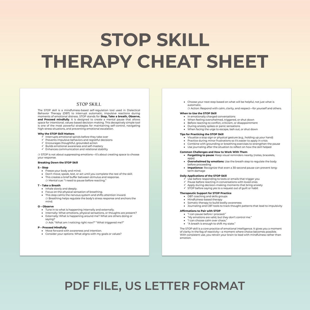 STOP Skill, DBT Worksheet, Emotional Control, Impulse Control ...