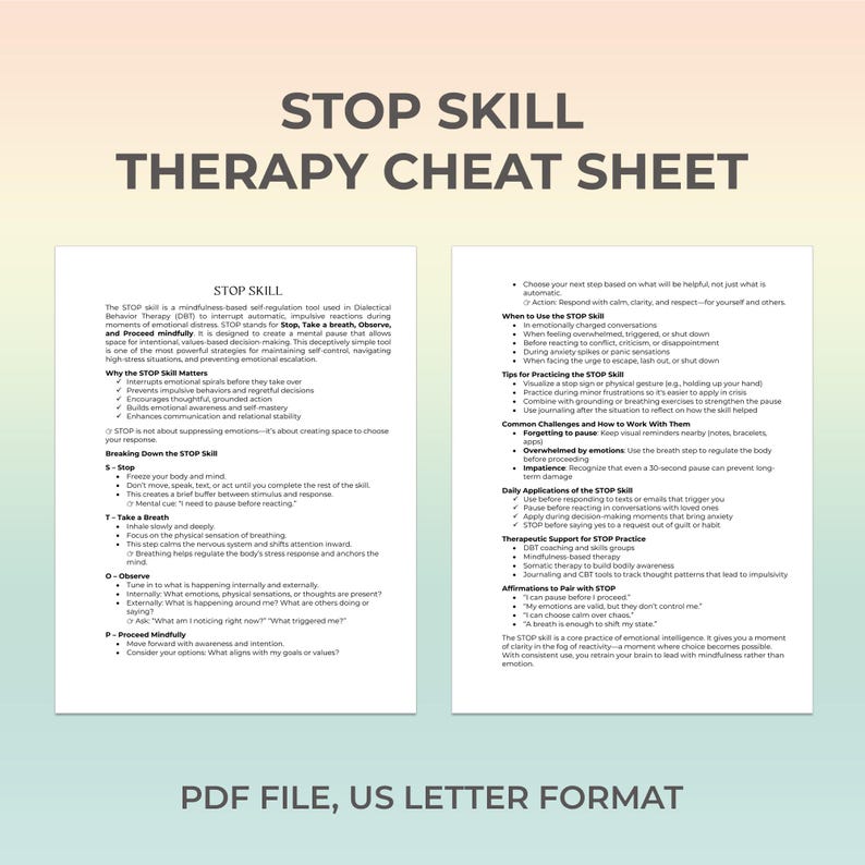 STOP Skill, DBT Worksheet, Emotional Control, Impulse Control ...