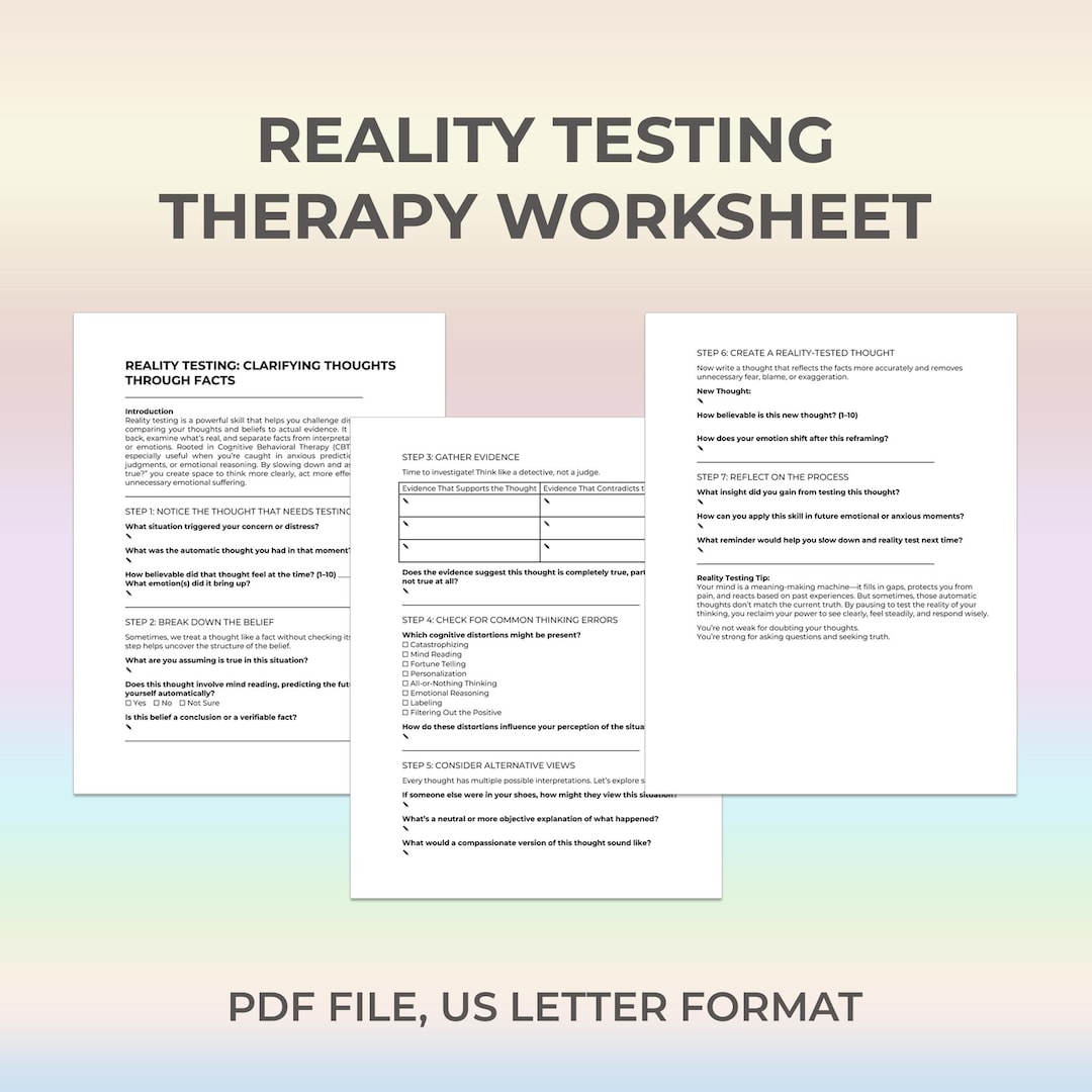 Reality Testing Therapy Worksheet, CBT, Thought Check, Challenge ...