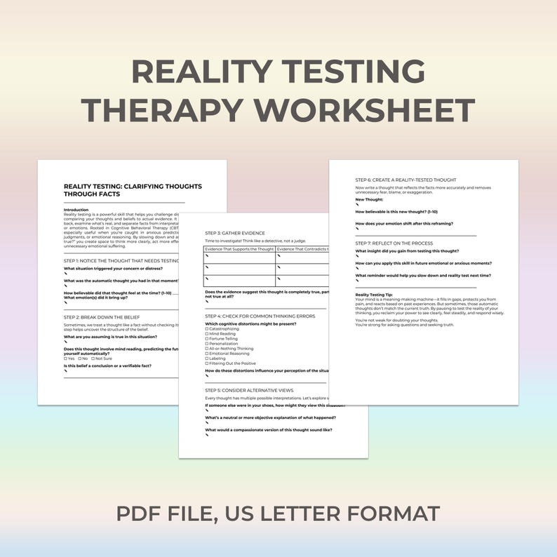 Reality Testing Therapy Worksheet, CBT, Thought Check, Challenge ...