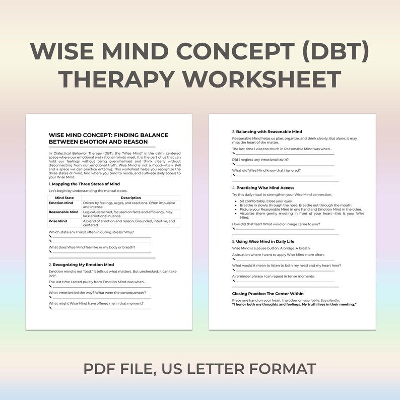 Wise Mind, DBT Worksheet, Emotional Balance, Therapy Printable ...