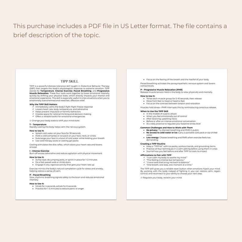 TIPP Skill, DBT Printable, Crisis Tool, Therapy Cheat Sheet, Grounding ...