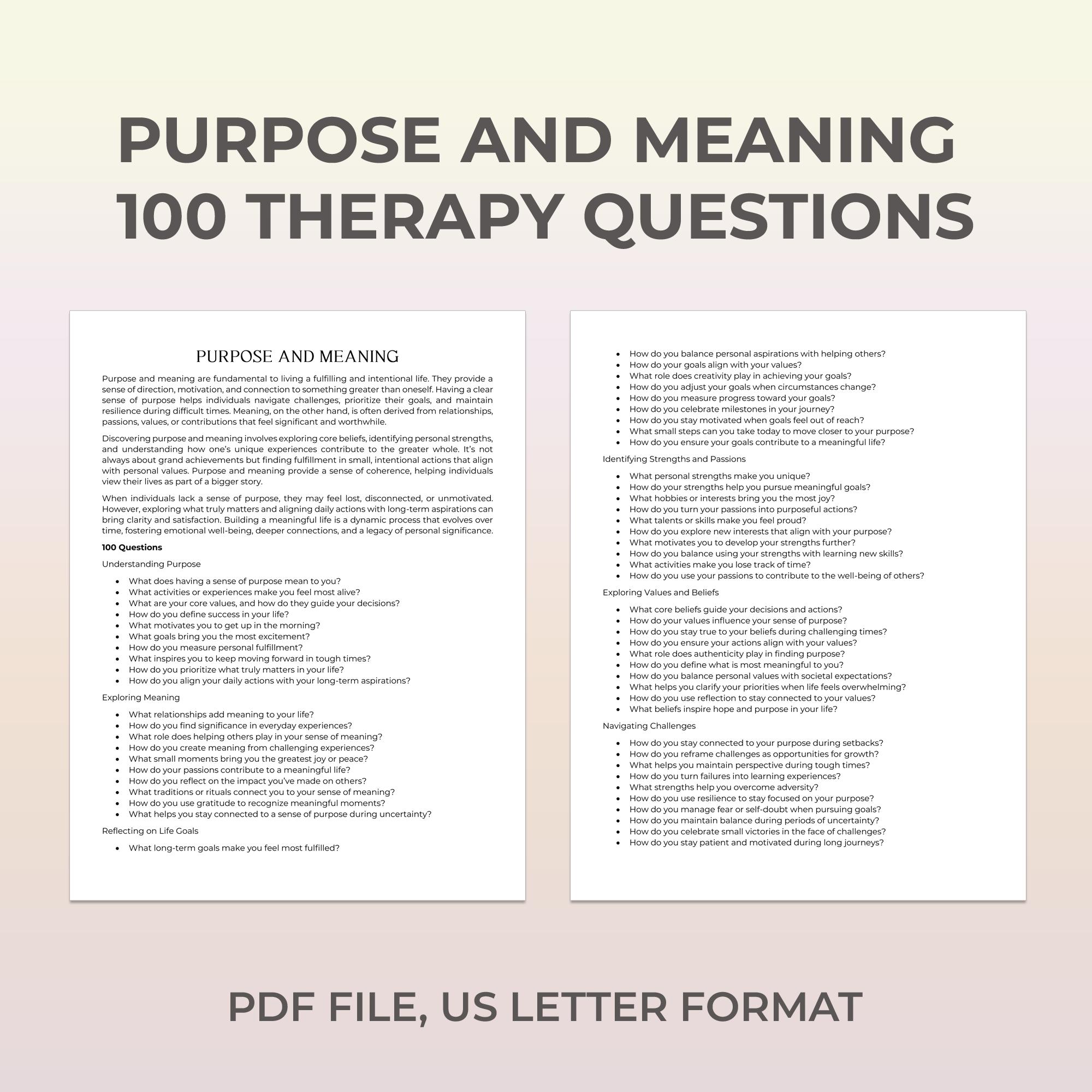 Therapy Questions for Purpose and Meaning, Core Values, Fulfillment ...