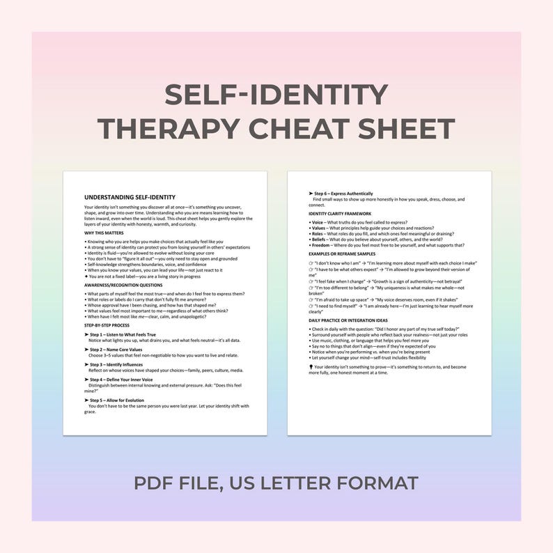 Teen Identity Therapy Cheat Sheet for Self Discovery Reflection School ...