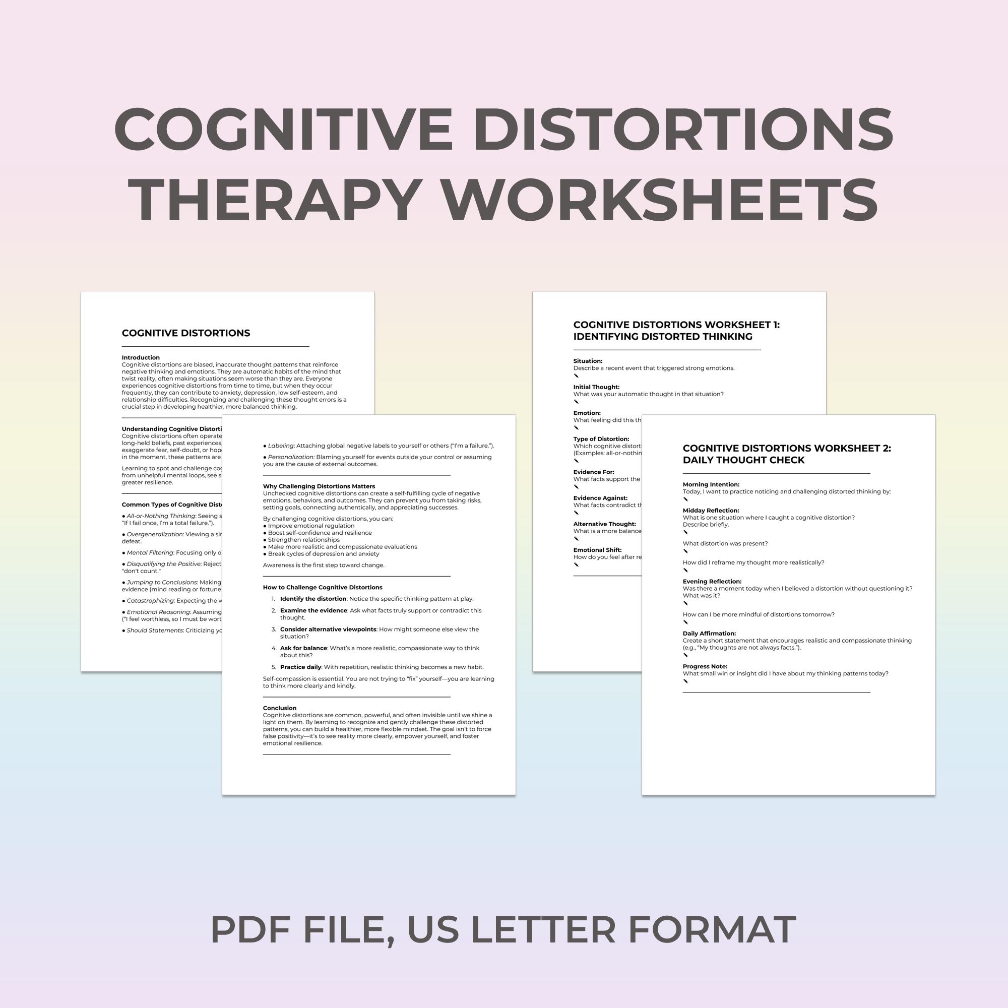 Cognitive Distortions, CBT Worksheet, Thinking Errors, Therapy ...