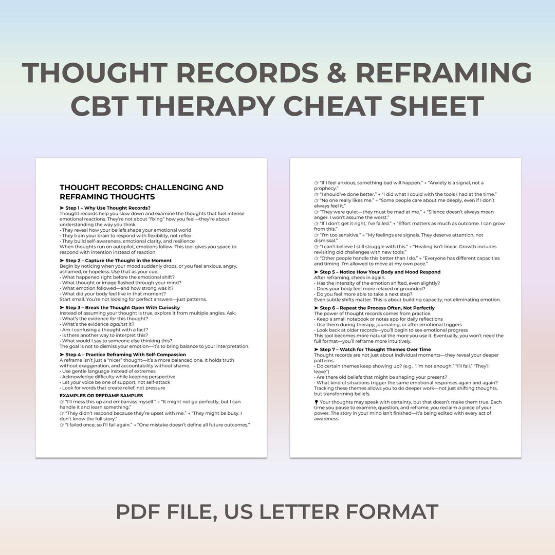 Thought Record CBT Cheat Sheet Printable to Challenge Negative Thoughts ...