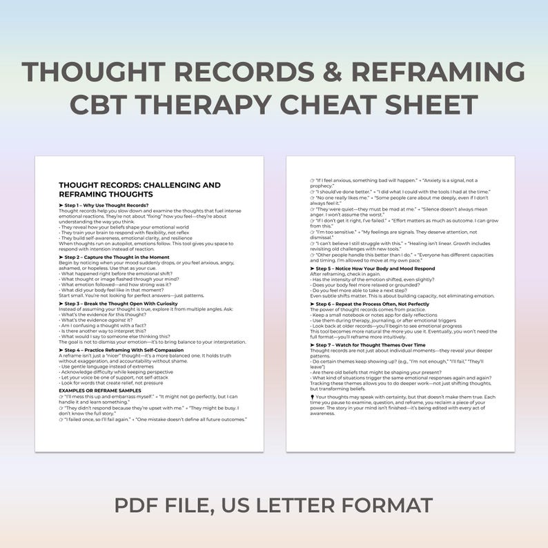 Thought Record CBT Cheat Sheet Printable to Challenge Negative Thoughts ...