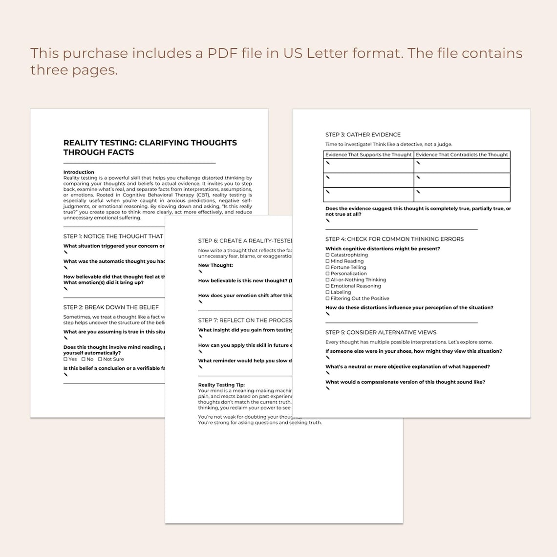 Reality Testing Therapy Worksheet, CBT, Thought Check, Challenge ...