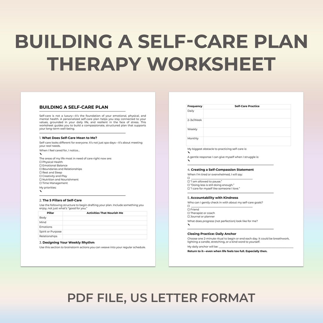 Self Care Plan, Wellness Planning, Mental Health Aid, Therapy Worksheet ...