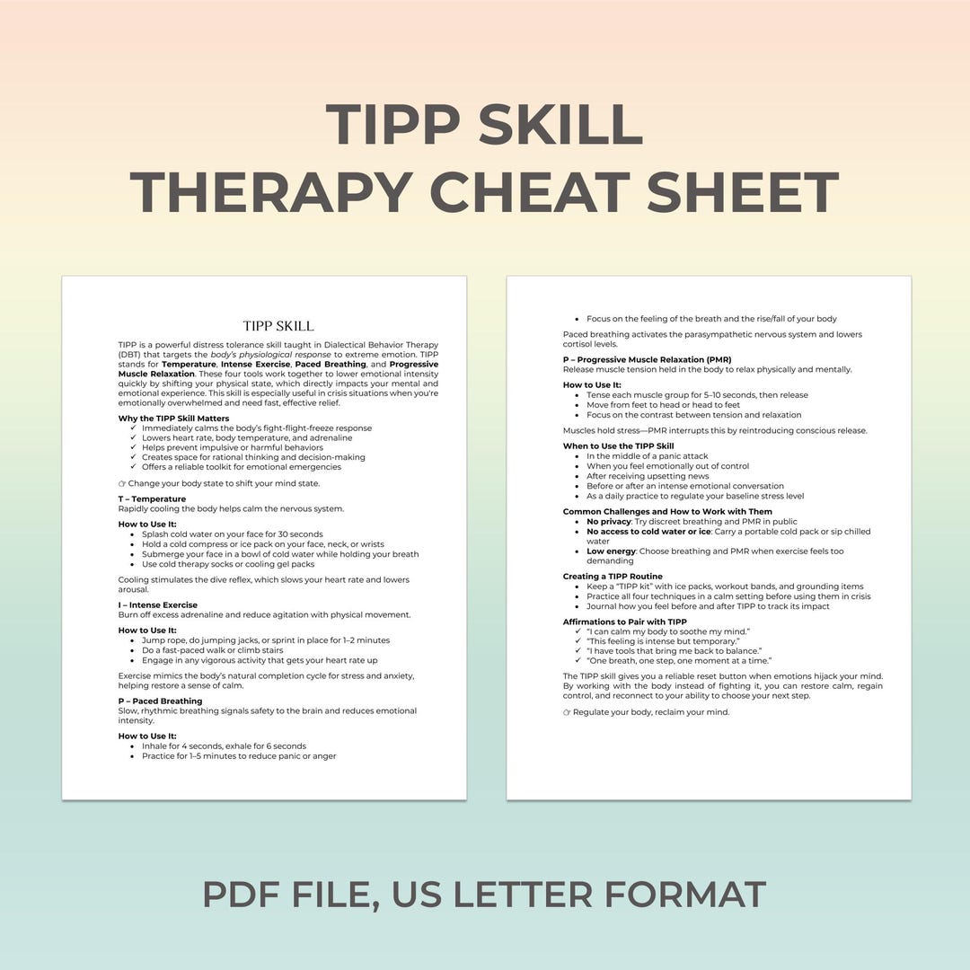 TIPP Skill, DBT Printable, Crisis Tool, Therapy Cheat Sheet, Grounding ...