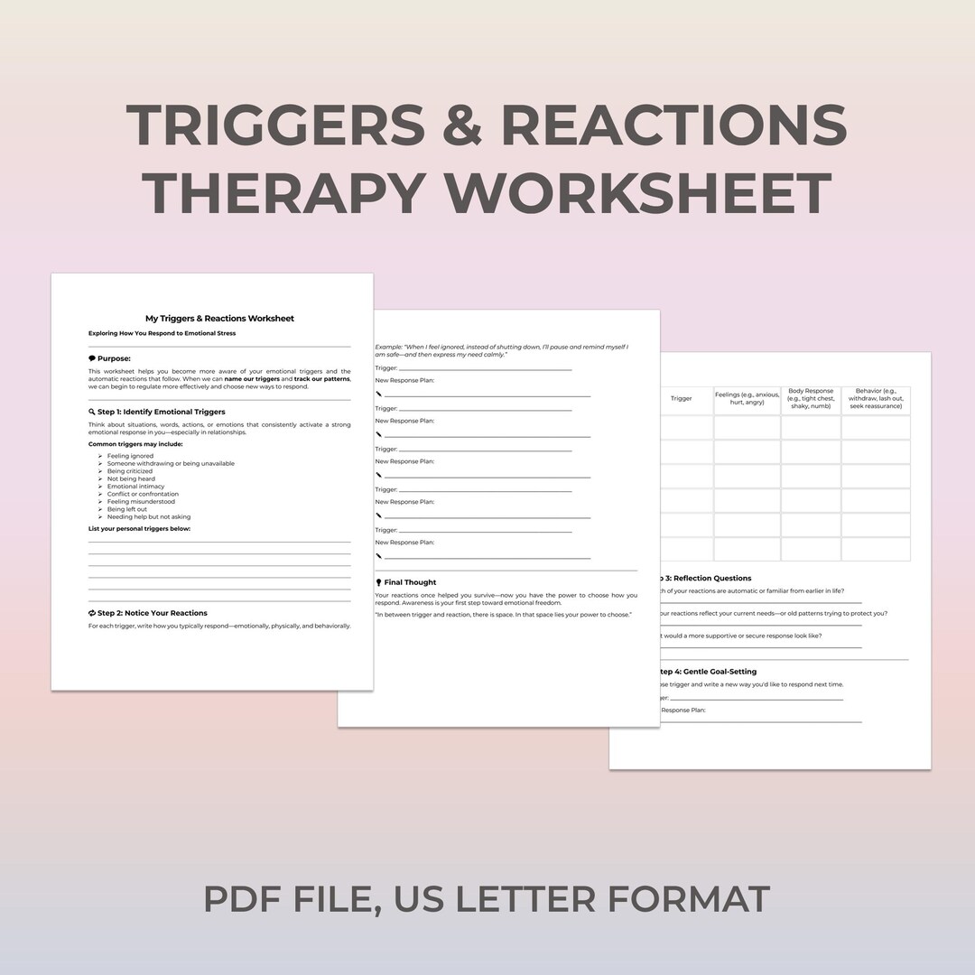 Emotional Triggers Therapy Worksheet, Reaction Tracker, Trauma ...