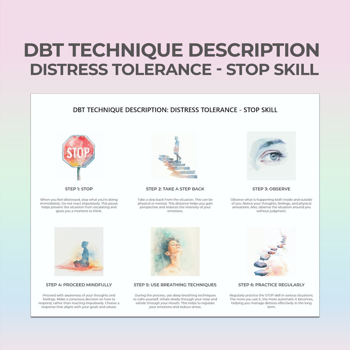 STOP Skill Worksheet, Dialectical Behavior Therapy, DBT Skill Technique ...