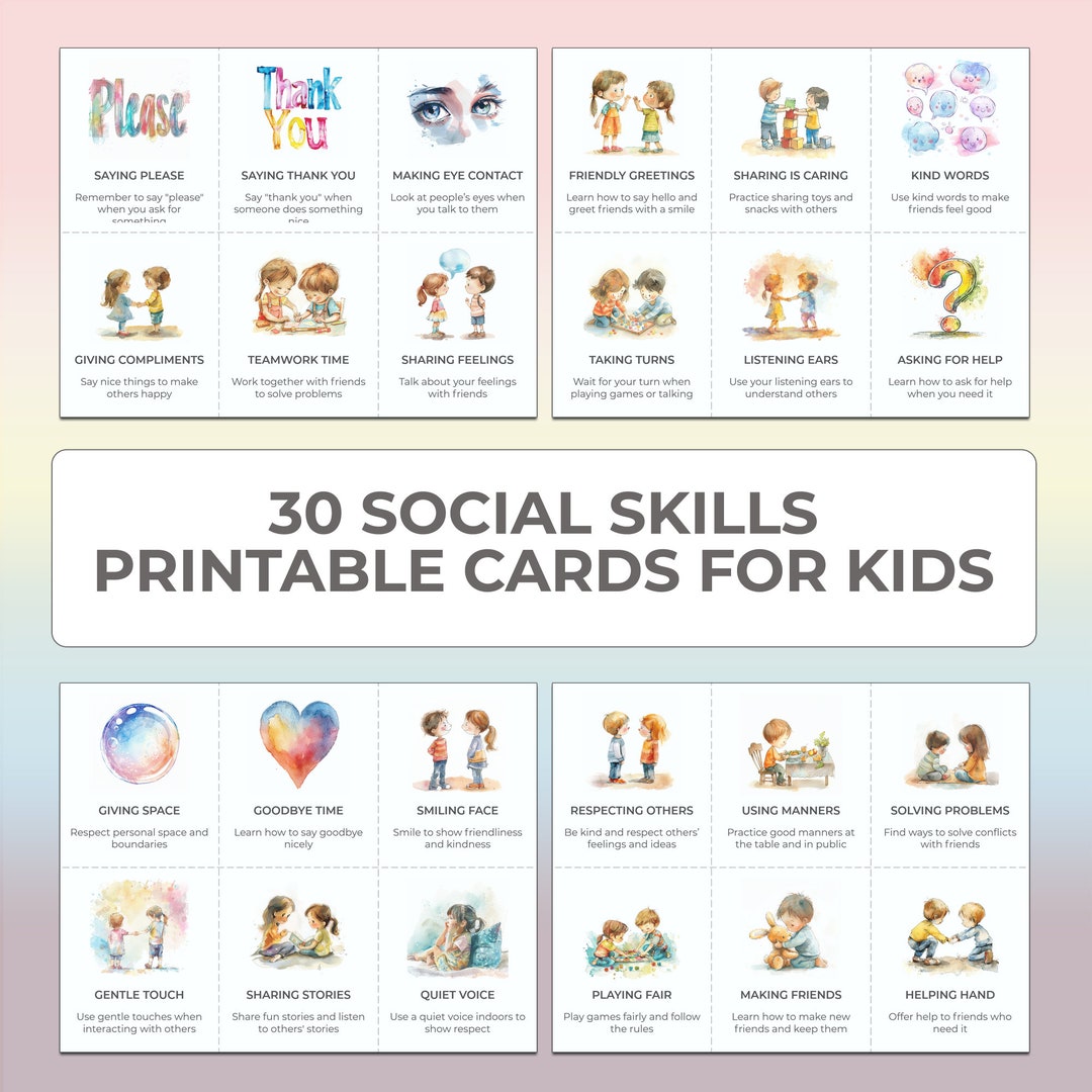Social Skills Therapy Cards for Kids Printable Psychotherapy Worksheets ...
