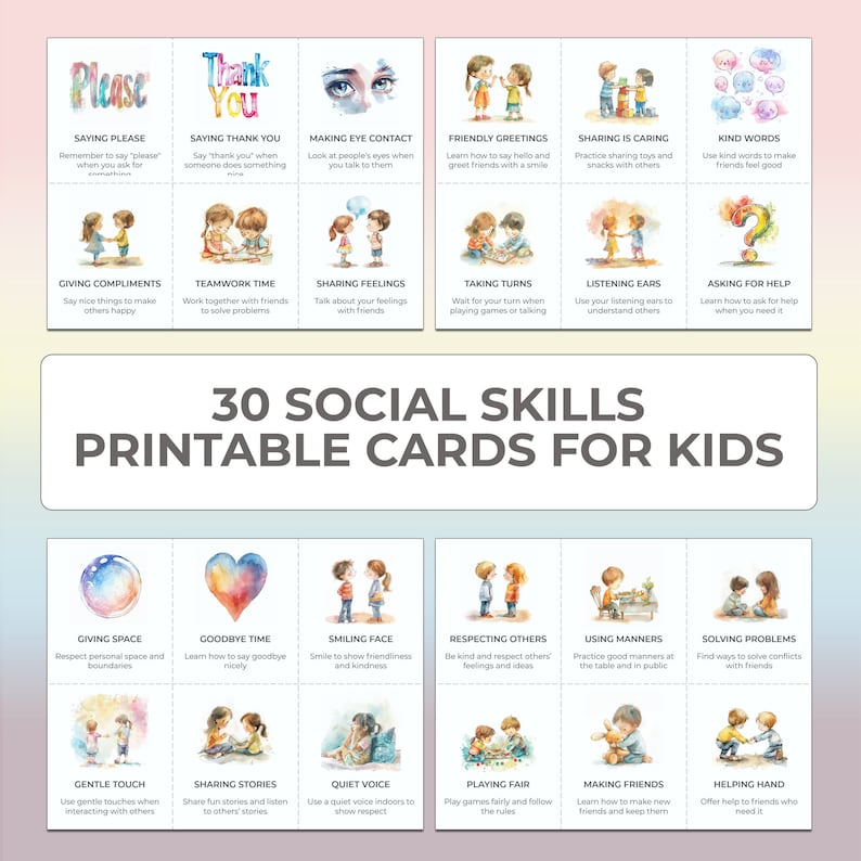 Social Skills, Printable Cards for Kids, Therapy Cards for Children - Etsy