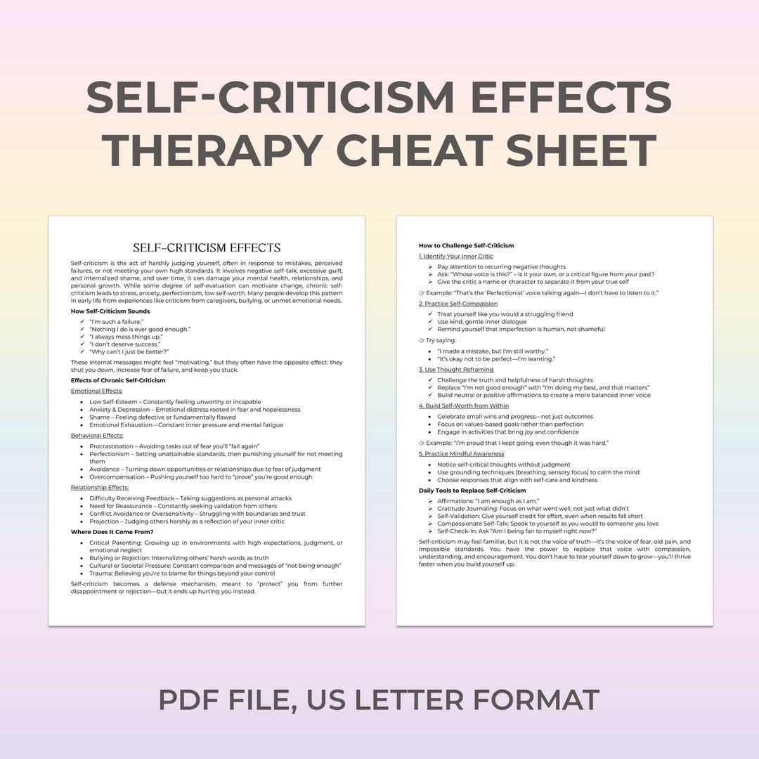 Self-criticism Therapy Cheat Sheet, Overcome Self-doubt, Reduce Self ...
