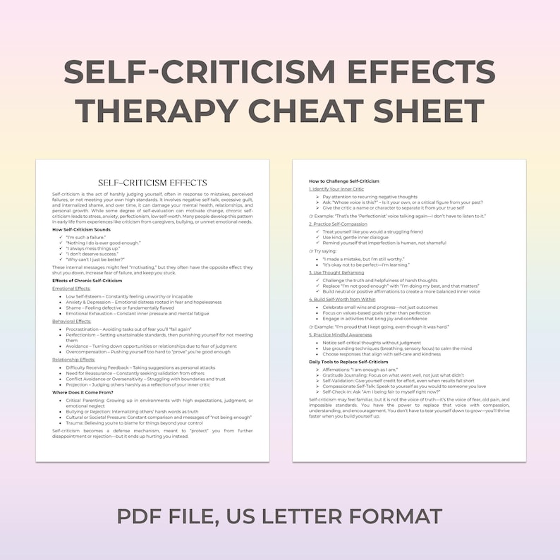 Self-criticism Therapy Cheat Sheet, Overcome Self-doubt, Reduce Self ...