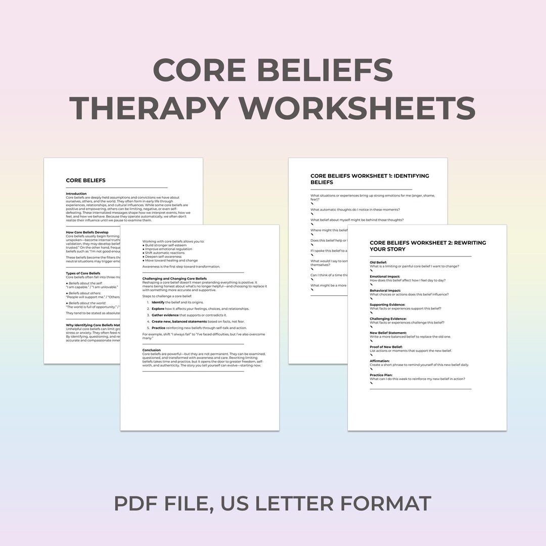 Core Belief Worksheet, Thought Patterns, Therapy Resource, Self ...