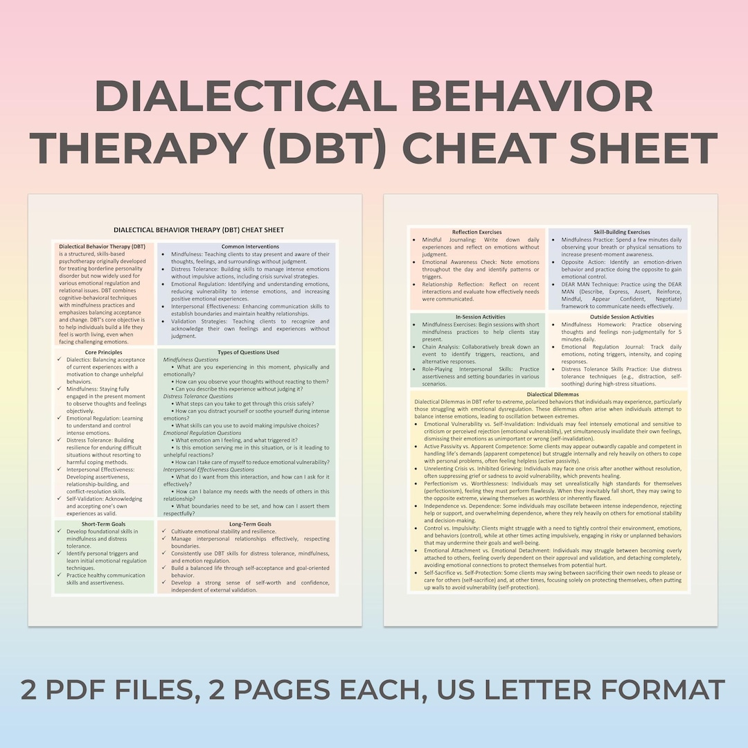 DBT Cheat Sheet, Dialectical Behavioral Therapy Cheat Sheet, Printable Therapy Sheet, Sheet for ...