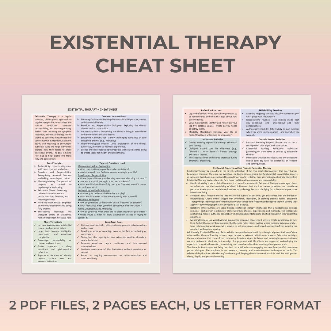 Existential Therapy Cheat Sheet Humanistic Counseling Guide Psychology ...