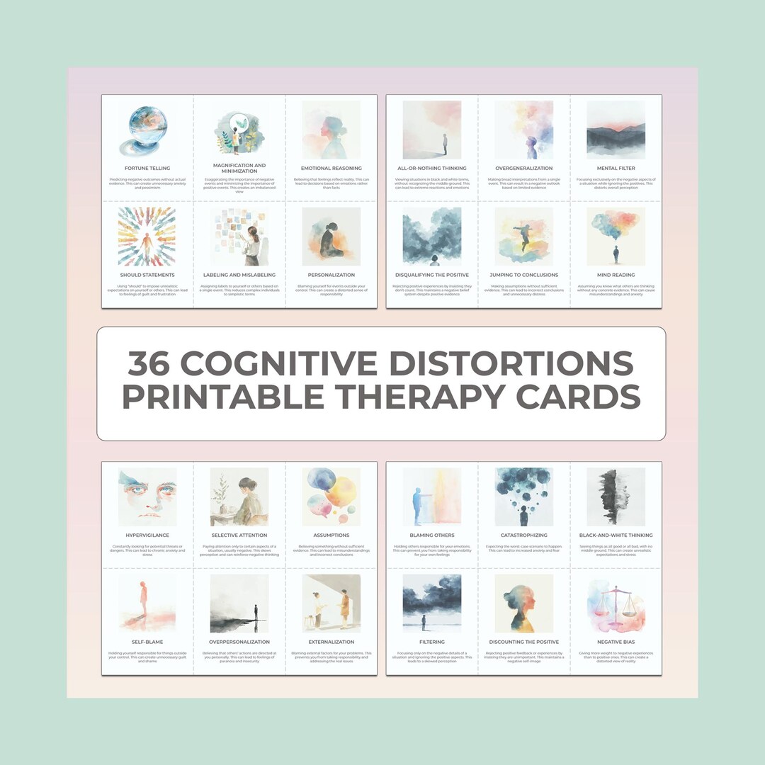 CBT Therapy Cards, Cognitive Distortions, Cognitive-behavioral Cheat ...