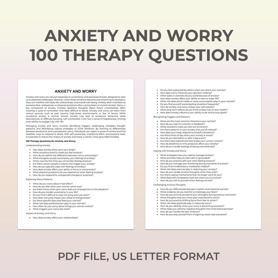 Therapy Questions for Anxiety, Anxiety Relief, Managing Worry,emotional ...