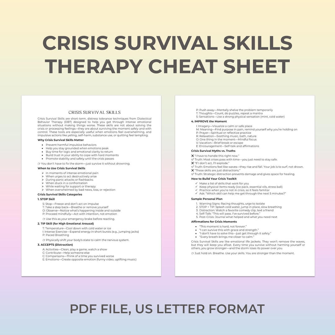 Crisis Survival Skills DBT Cheat Sheet Emotional Emergencies Printable ...