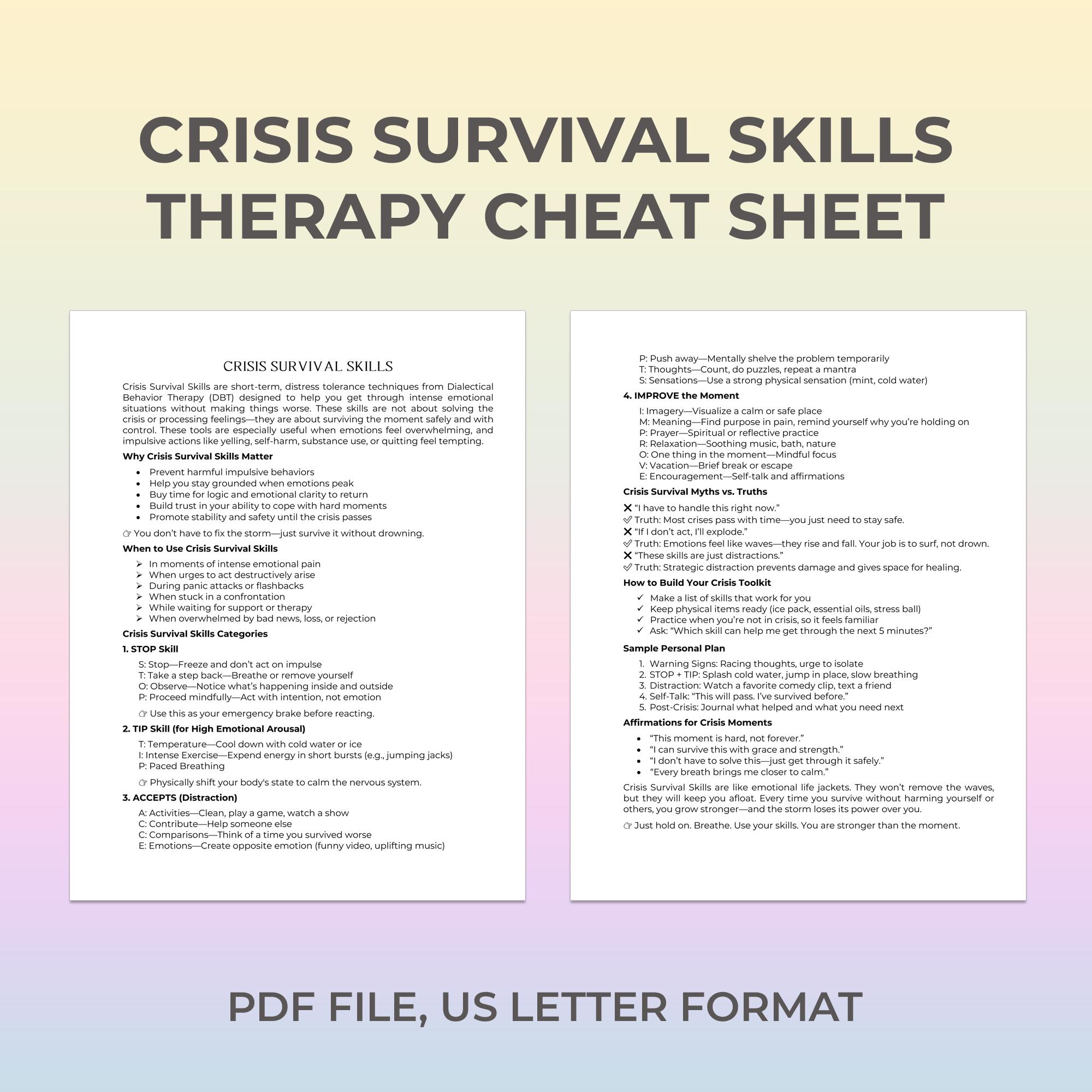Crisis Survival Skills Cheat Sheet Emotional Emergencies Printable ...