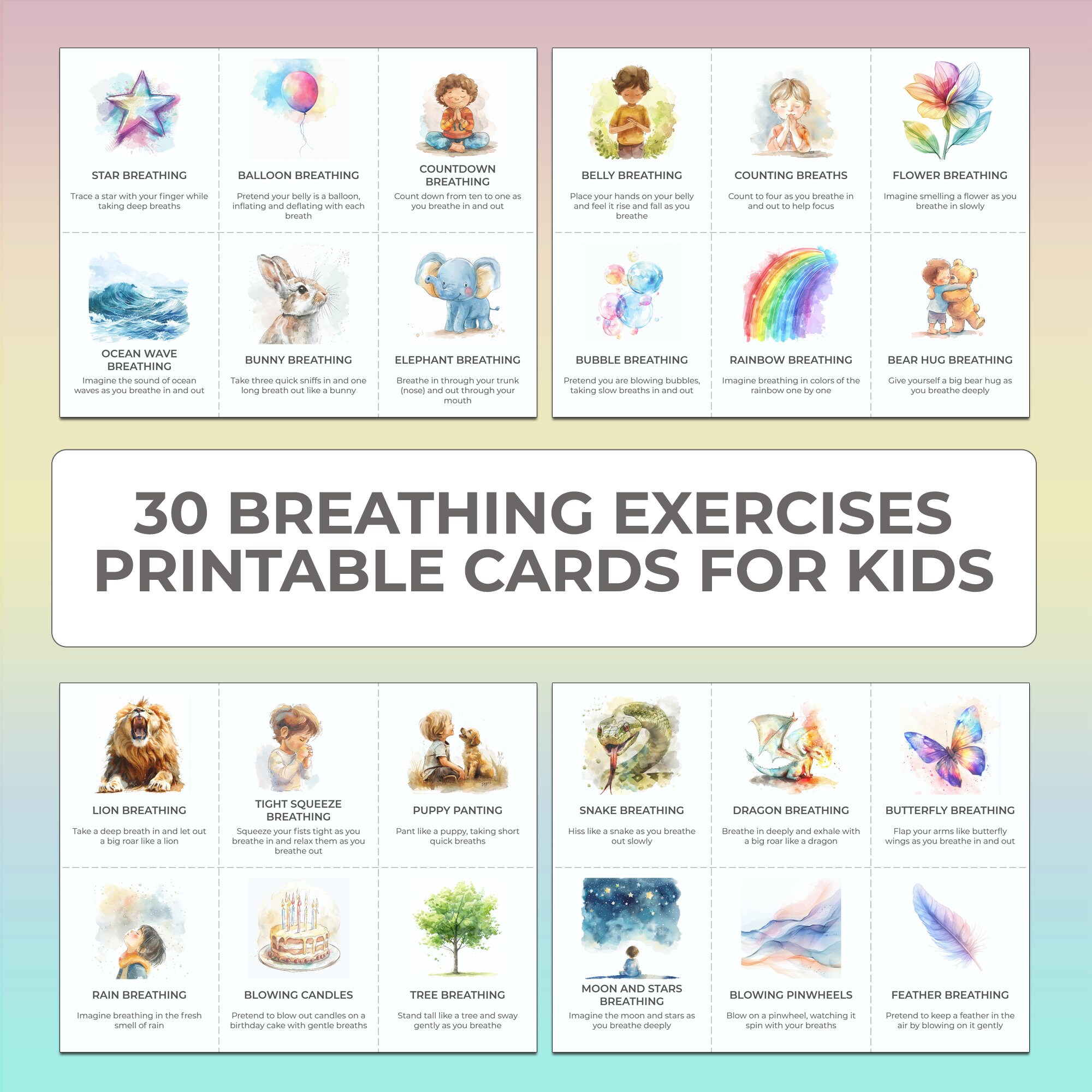 Breathing Exercise Therapy Cards for Kids Printable Psychotherapy Game ...