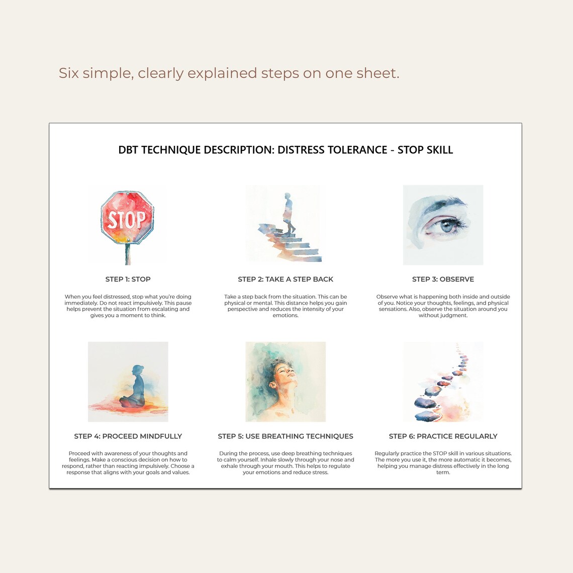 STOP Skill Worksheet, Dialectical Behavior Therapy, DBT Skill Technique ...