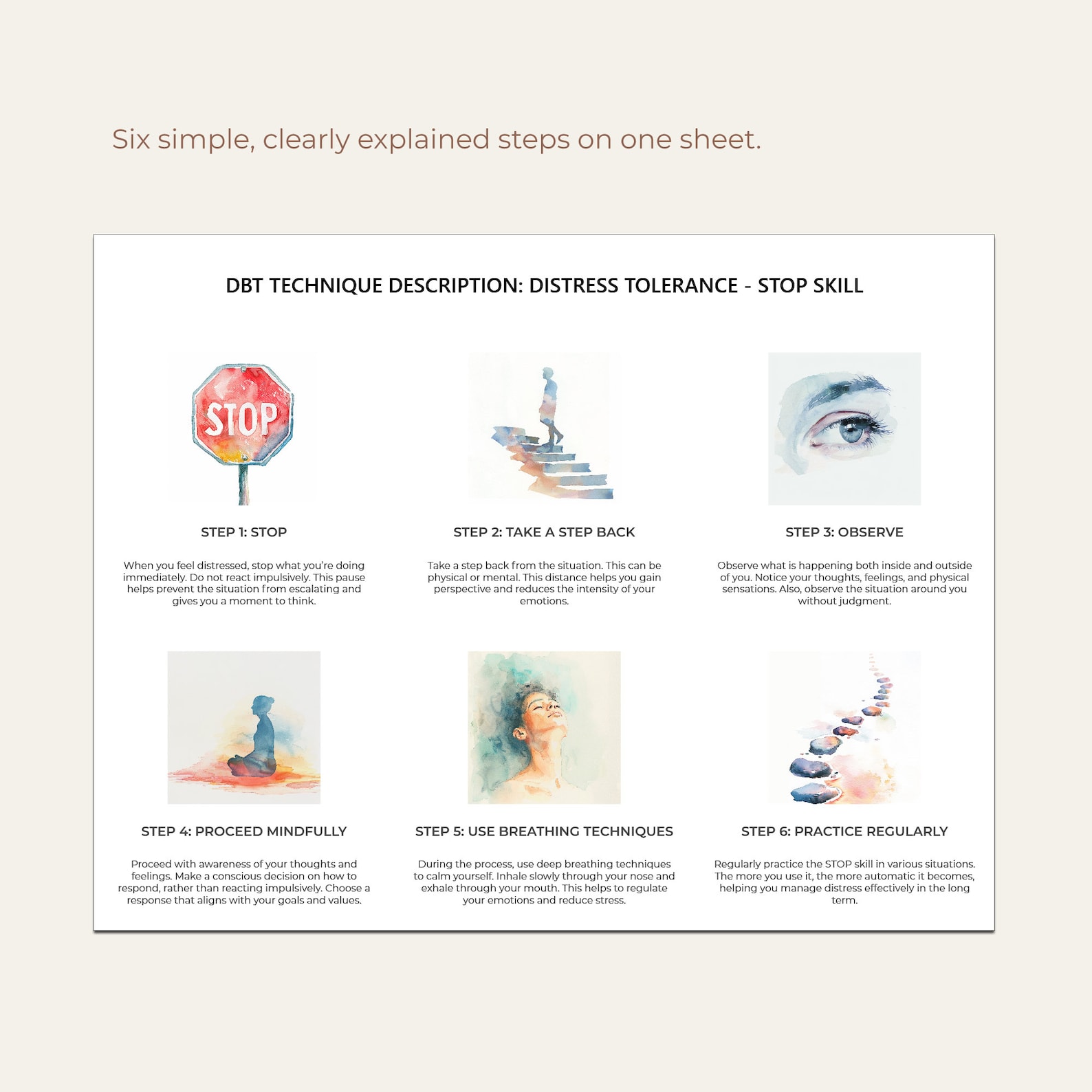 STOP Skill Worksheet, Dialectical Behavior Therapy, DBT Skill Technique ...