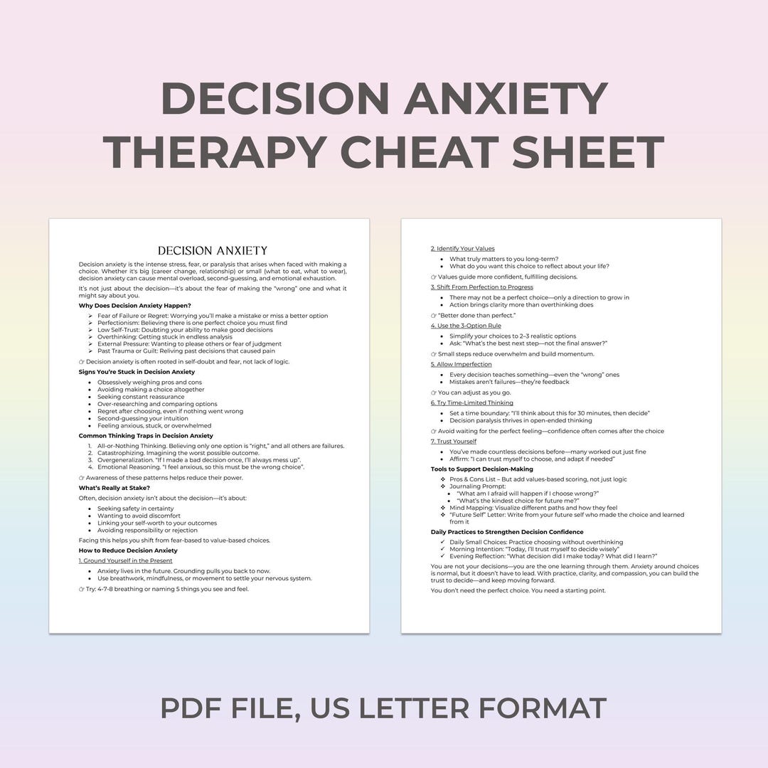 Decision Anxiety Therapy Cheat Sheet, Indecision, Overthinking, Fear of ...
