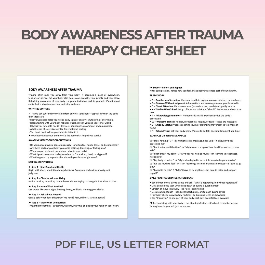 Body Awareness After Trauma Printable Somatic Healing Sheet Nervous ...