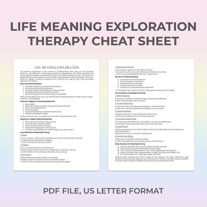 Purpose Therapy Cheat Sheet, Life Purpose,meaning in Life, Logotherapy ...