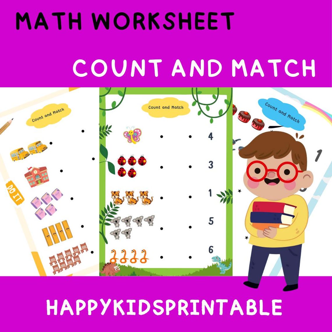 Kindergarten Worksheet, Count and Match, Math Worksheet, Counting ...
