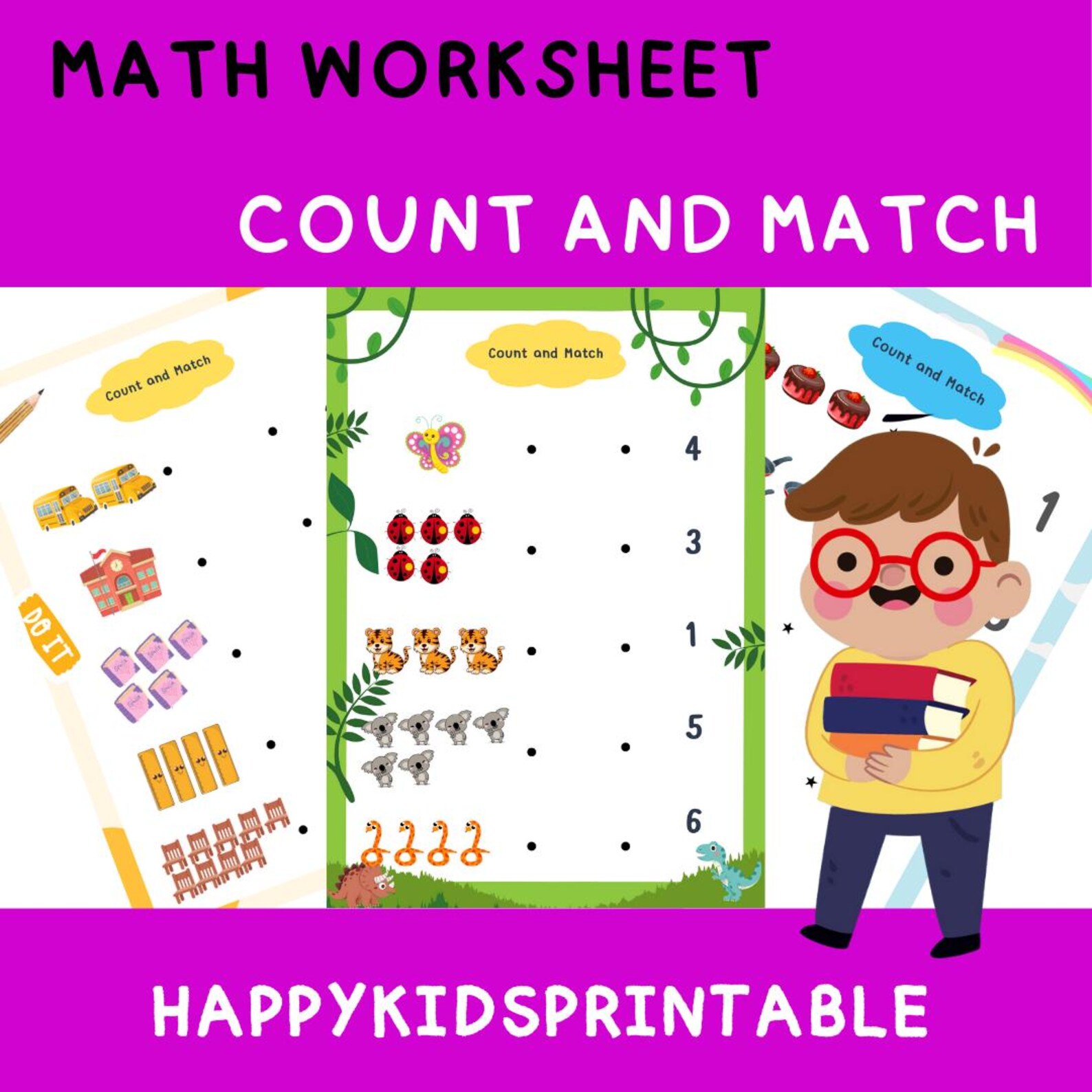 Kindergarten Worksheet, Count and Match, Math Worksheet, Counting ...