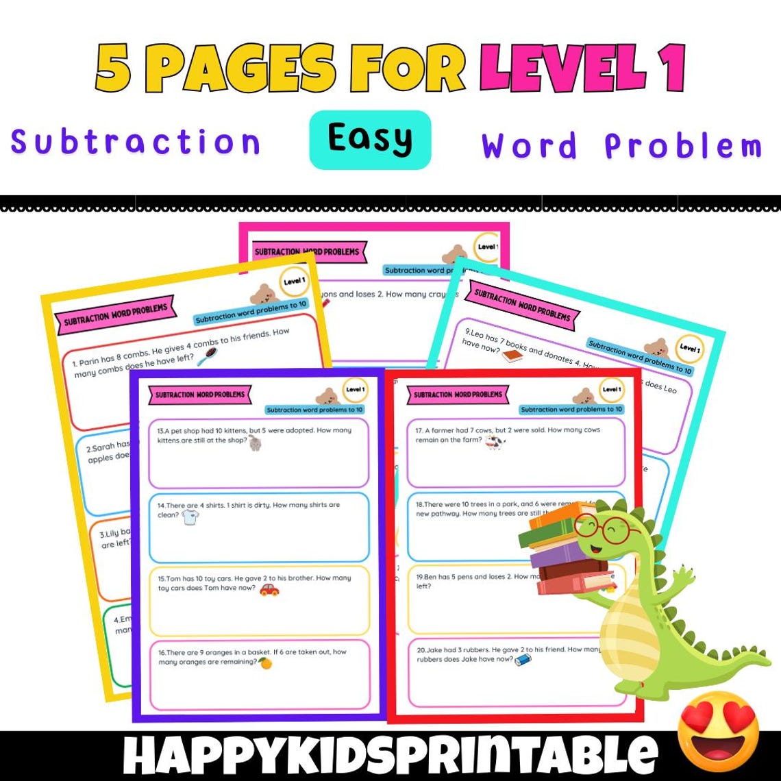 Subtraction Word Problems: Grade 1-2 Leveled Worksheets (printable PDF ...