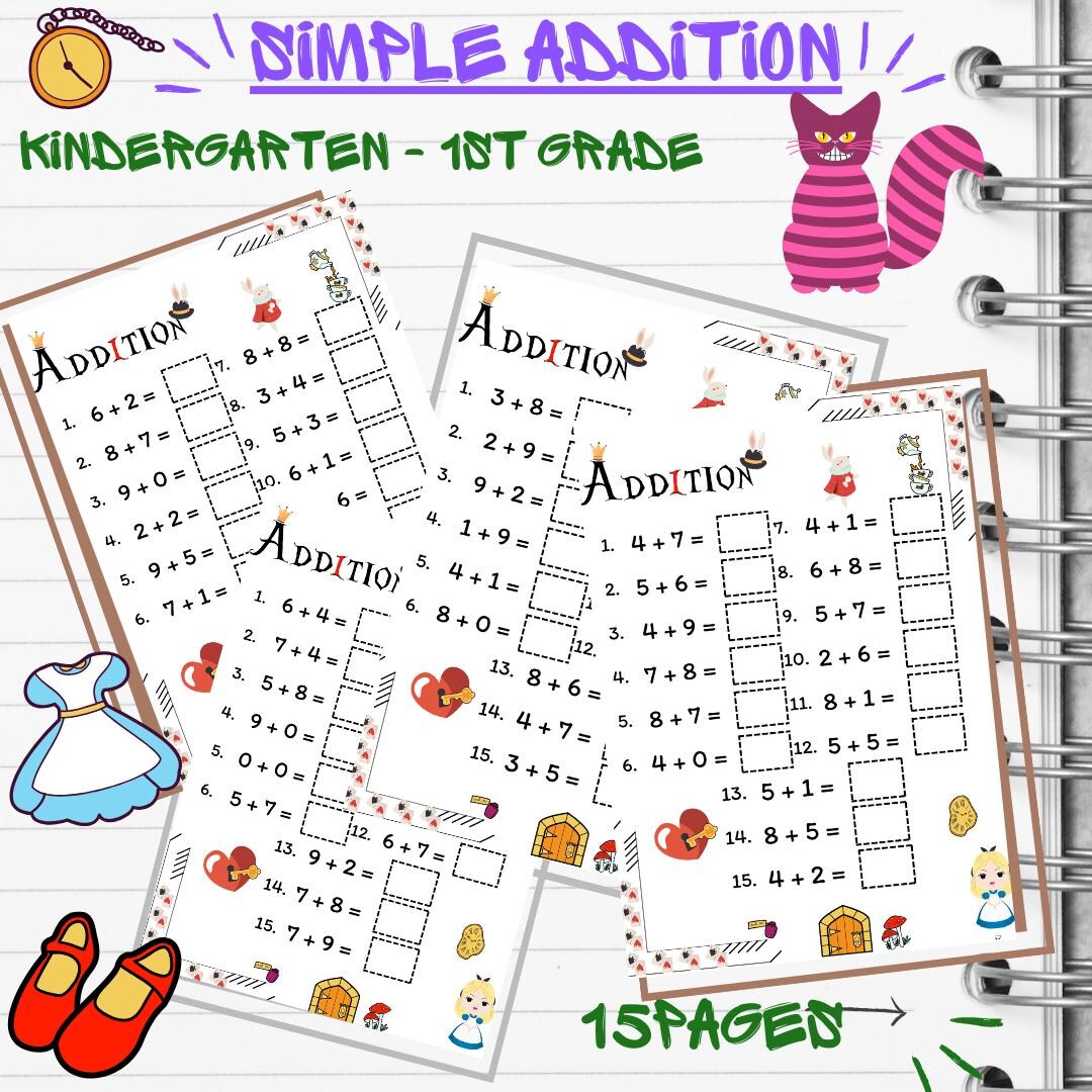 Alice in Wonderland Addition Worksheets: Kindergarten & 1st Grade (PDF ...