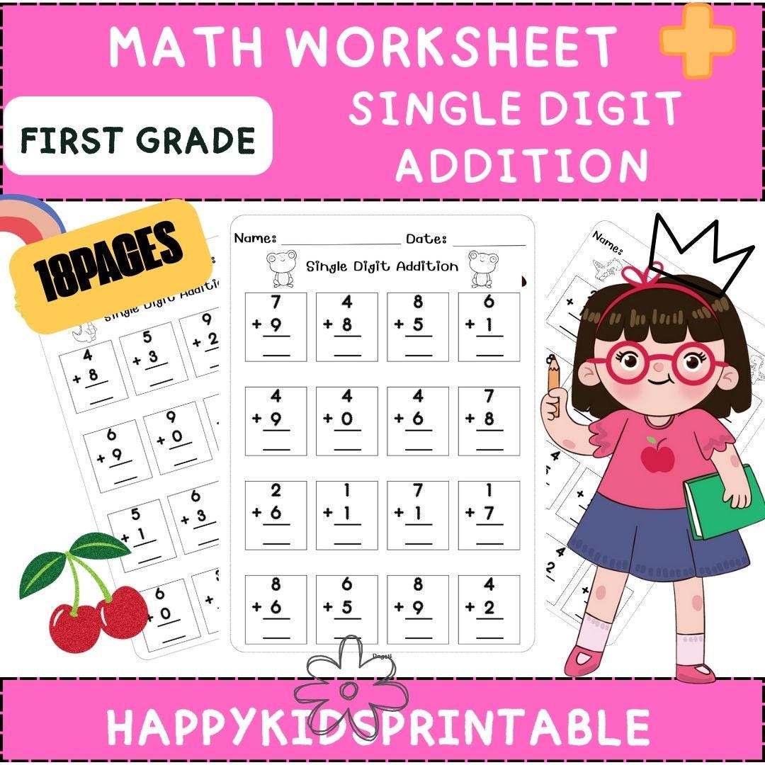 Single Digit Addition Worksheet: Printable Math Practice (PDF) - Etsy
