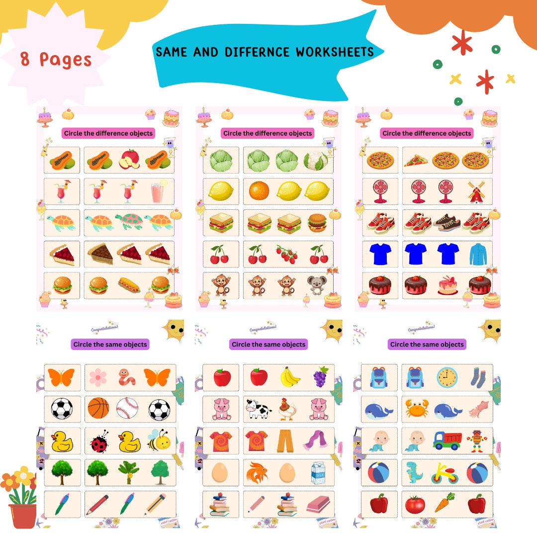 Pre School Worksheet,8 Same and Difference Matching Worksheets, Same ...