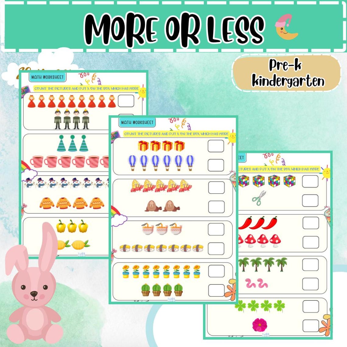 More or Less Kindergarten Worksheet: Comparing Numbers (printable) - Etsy