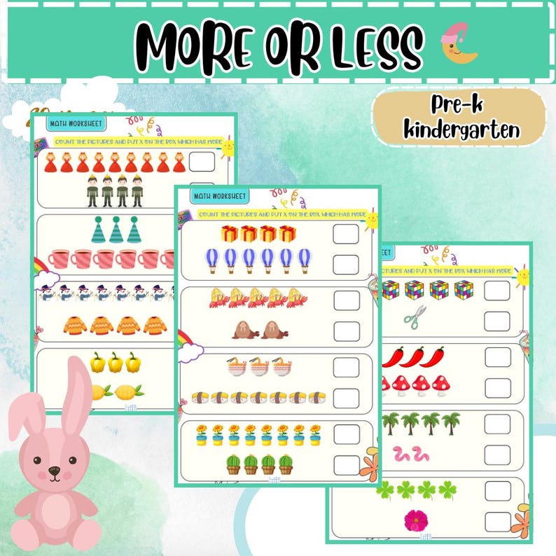 More or Less Kindergarten Worksheet: Comparing Numbers (printable) - Etsy